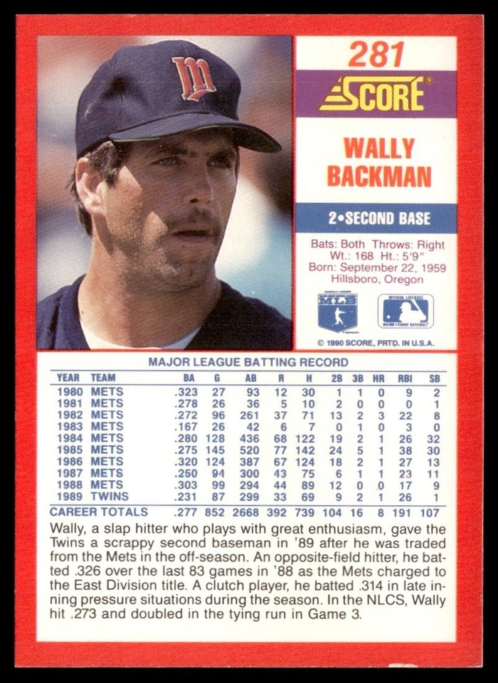 1990 Score Wally Backman Minnesota Twins #281 | eBay