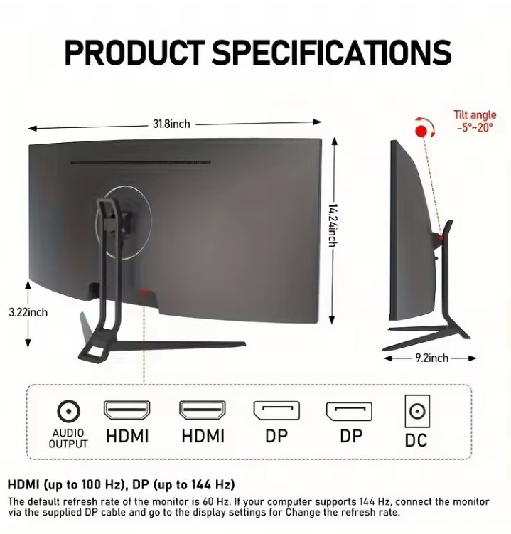 Gaming Monitor 34" Curved 4K UHD 165Hz 1ms 1500R Ultra Wide LED HDMI ...