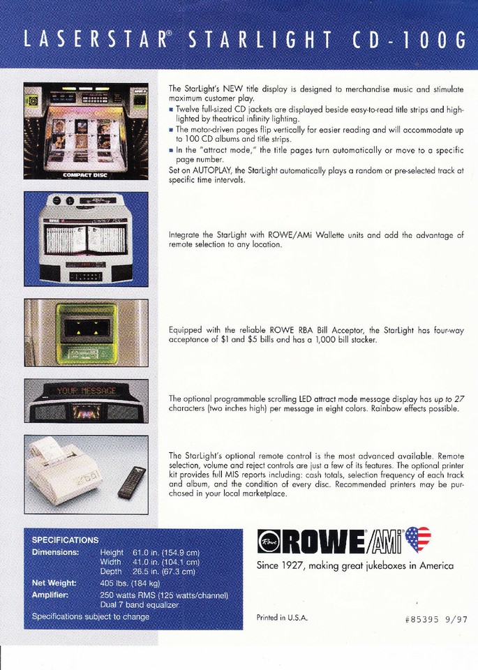 Rowe 1997 LaserStar Starlight CD-100G juke box jukebox Flyer Brochure ...