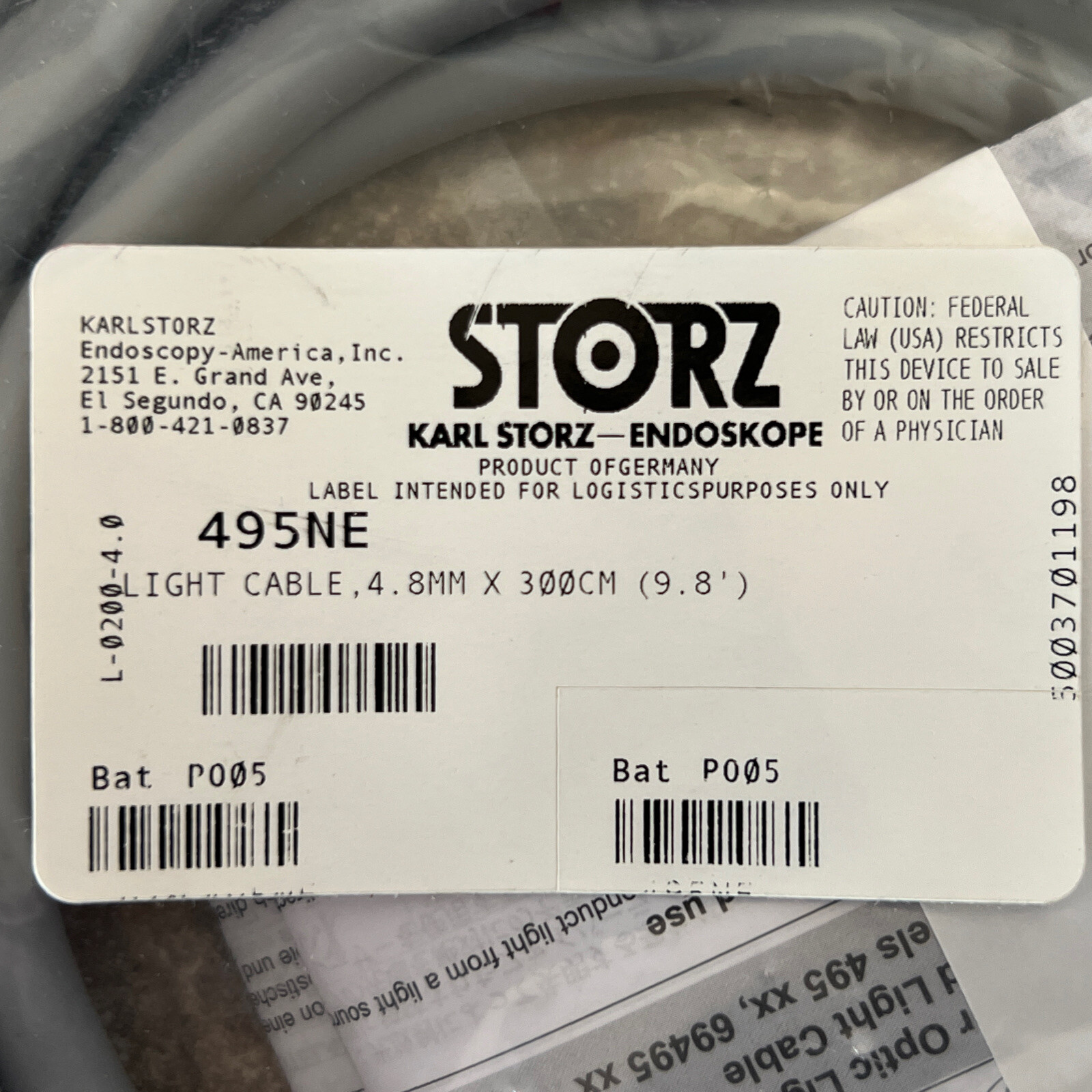 Karl Storz 495NE 4.8 mm x 300 mm Fiber Optic Light Cable for sale ...