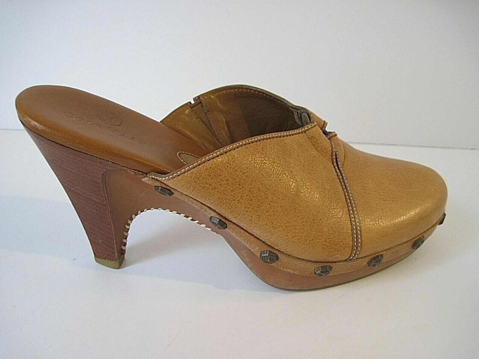 COLE HAAN WOMAN'S TAN LEATHER CLOGS HEELS BRASS STUDS AND RING SIZE 7 1 ...