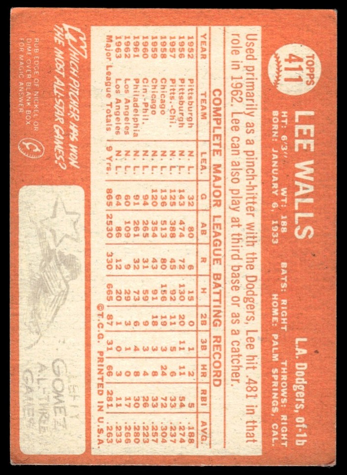 1964 Topps Lee Walls ^ Los Angeles Dodgers #411 | eBay