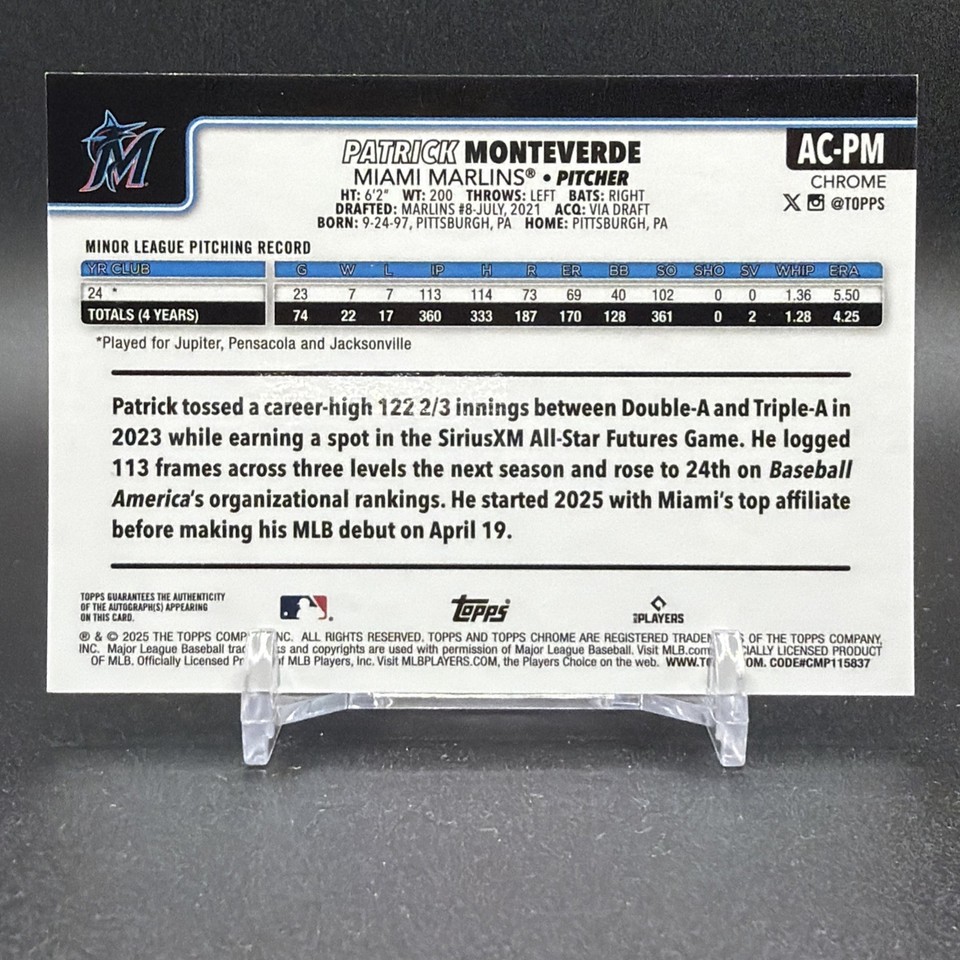 Patrick Monteverde 2025 Topps Chrome Purple Refractor /250 Auto RC ...