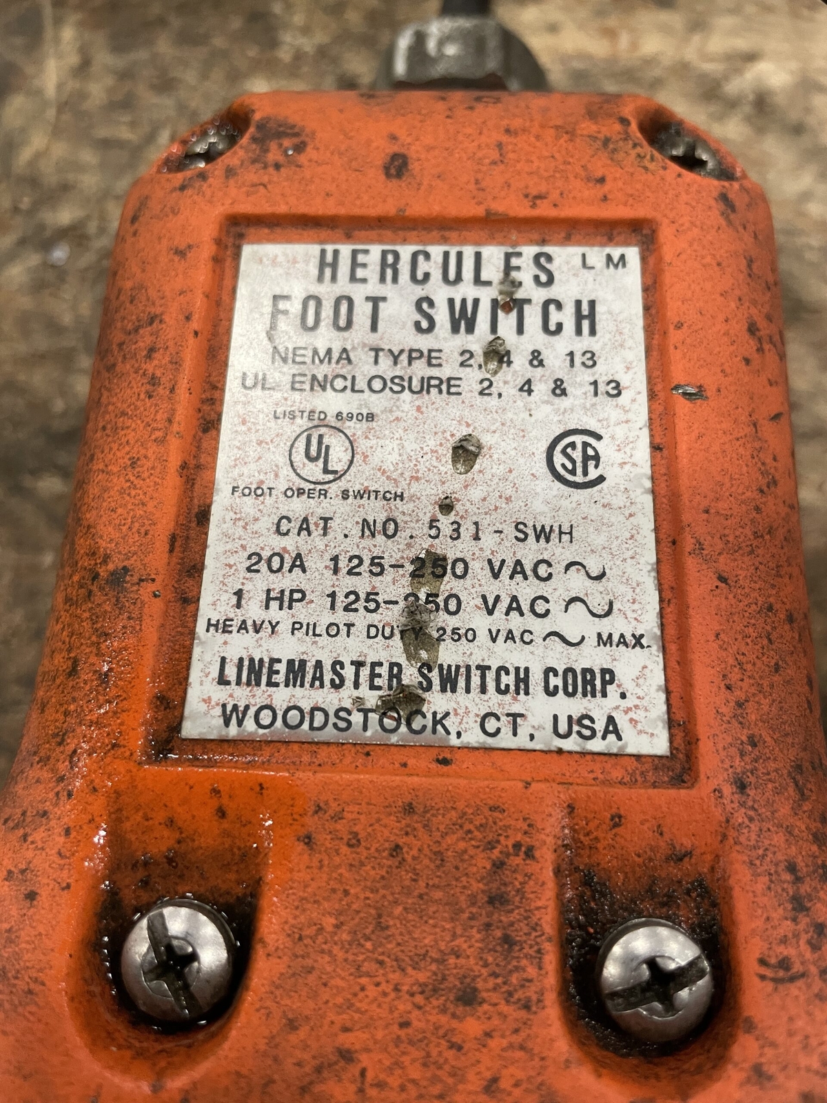 Hercules 531-SWH Foot Switch 20A 125-250VAC | eBay