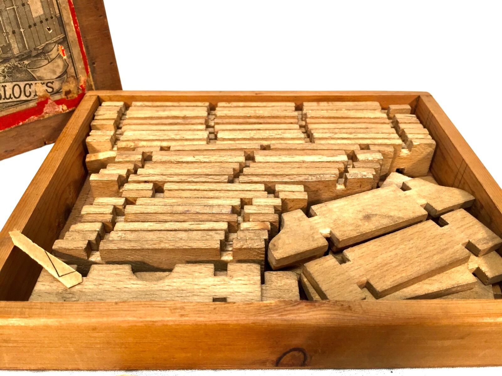Antique 19th Century Wooden Interlocking Building Block Game / Boxed ...