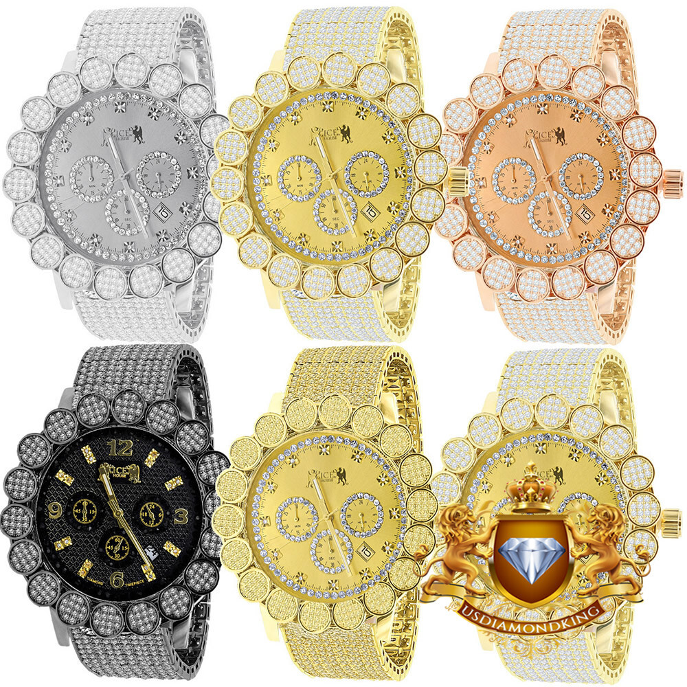 18K Gold Finish Simulated Diamond Cluster Micro Pave Flower Men's Watch ...