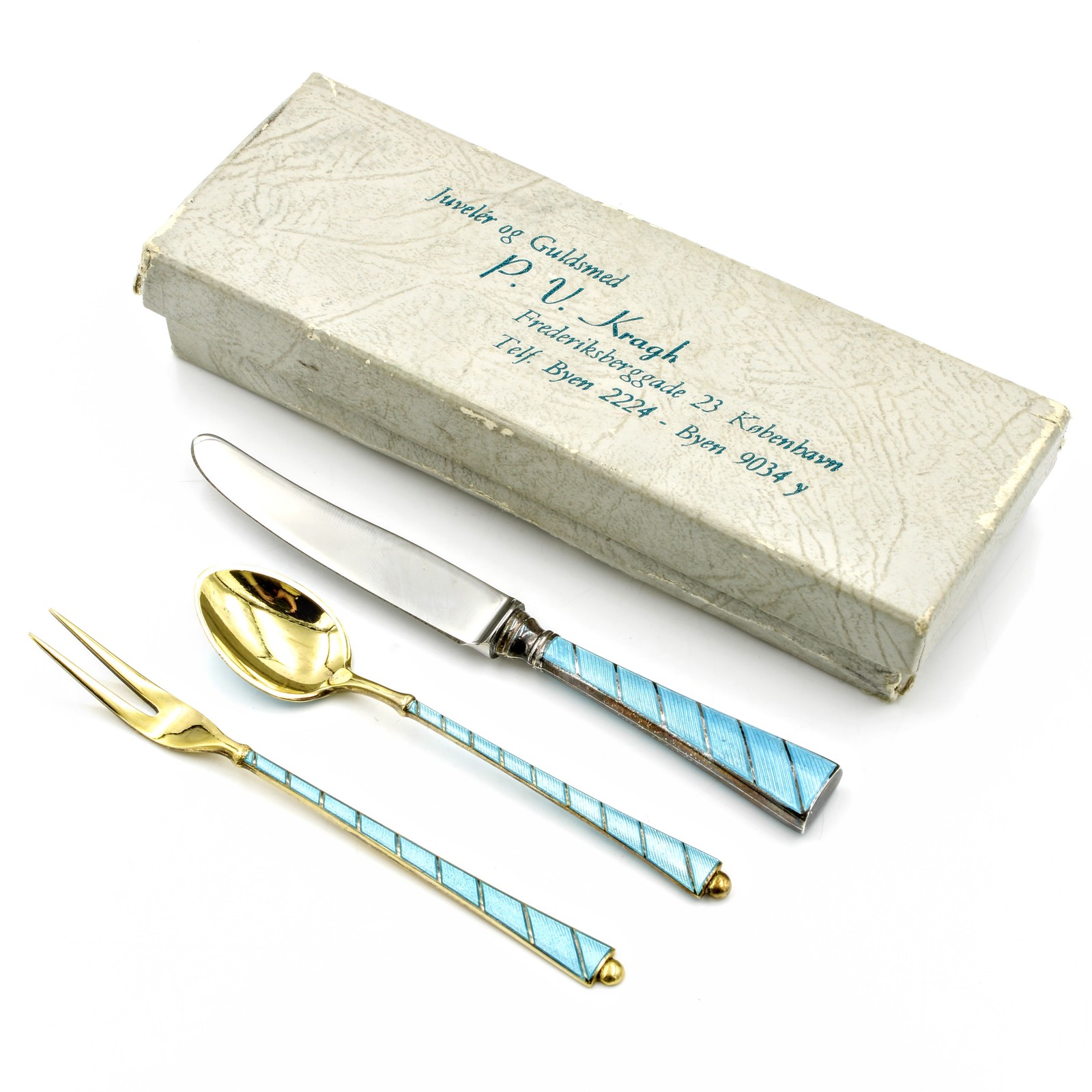 Guilloche Denmark Sterling Guilloche Enamel Flatware Set W/ Box Lot of ...