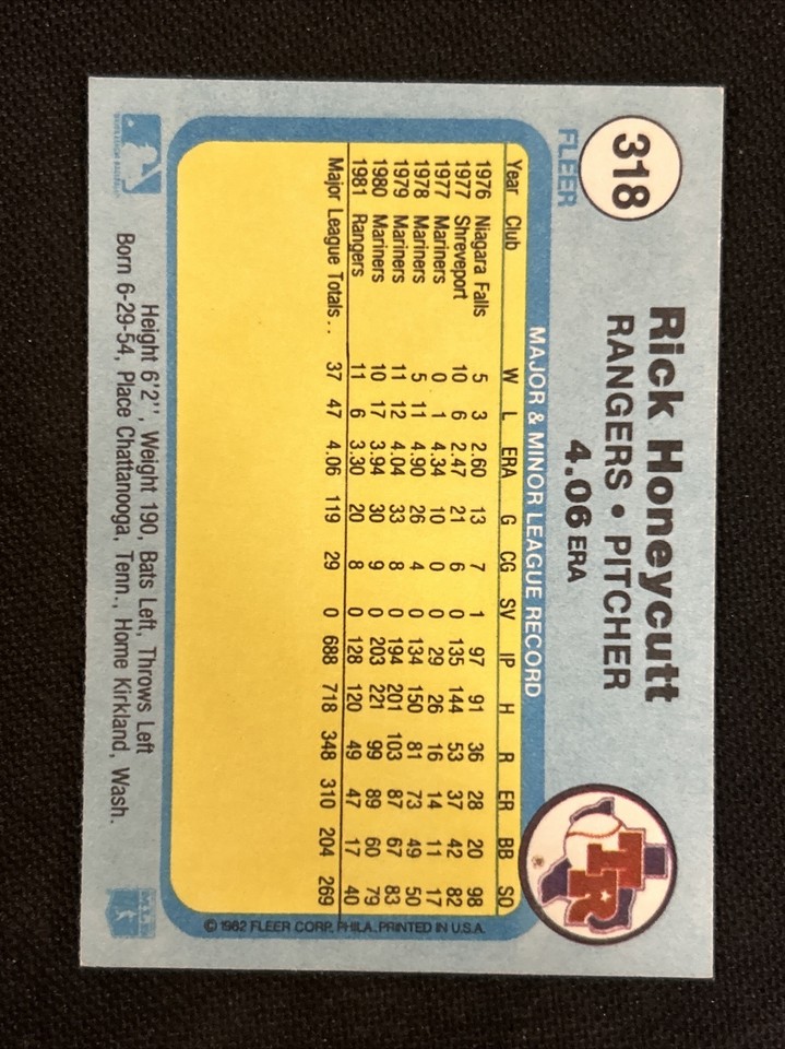1982 Fleer #318 Rick Honeycutt Mint Centered Texas Rangers *123 | eBay