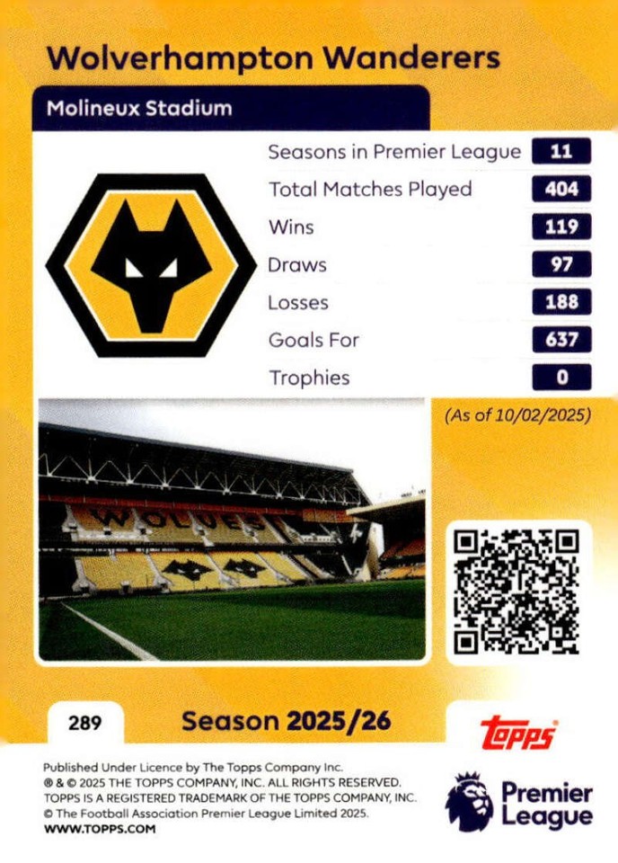 Wolverhampton Wanderers TEAM BADGE 2025-26 Topps Premier League #289 S ...