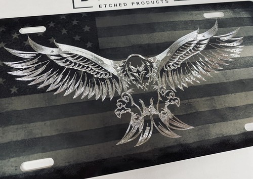 Combo Laser Engraved US American Flag Diamond Etched Eagle Car Tag ...