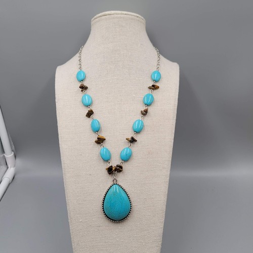 Blue Stone Bead Necklace Teardrop Pendant Silver tone 22"-25" | eBay