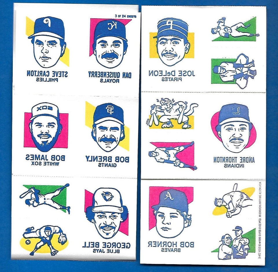 1986 OPC BASEBALL TATTOOS 6 SHEETS PANEL OF 8 PLAYERS O-PEE-CHEE 1-24 ...