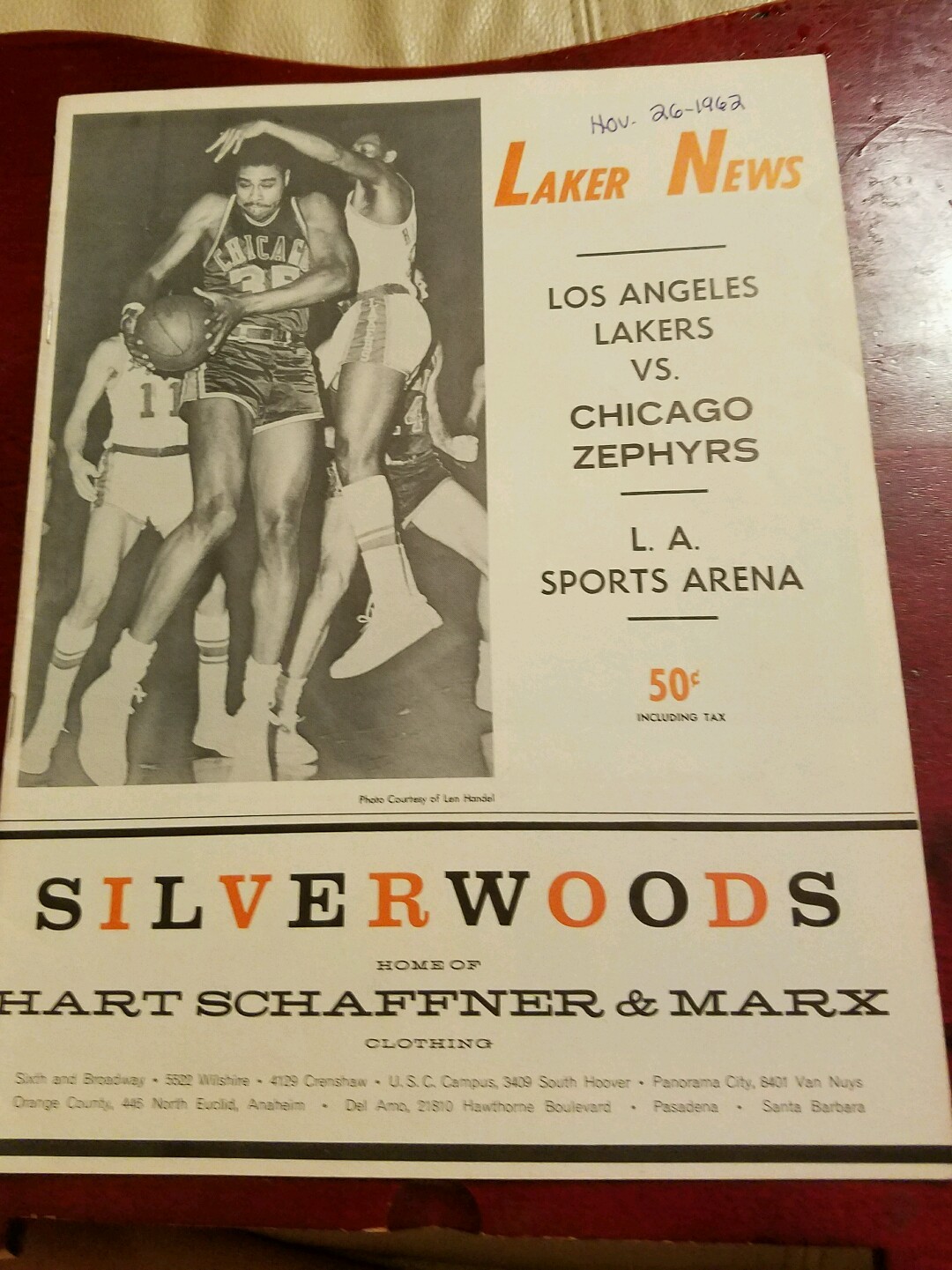 11-26-1962 NBA Basketball Program Chicago Zephyrs at Los Angeles Lakers ...