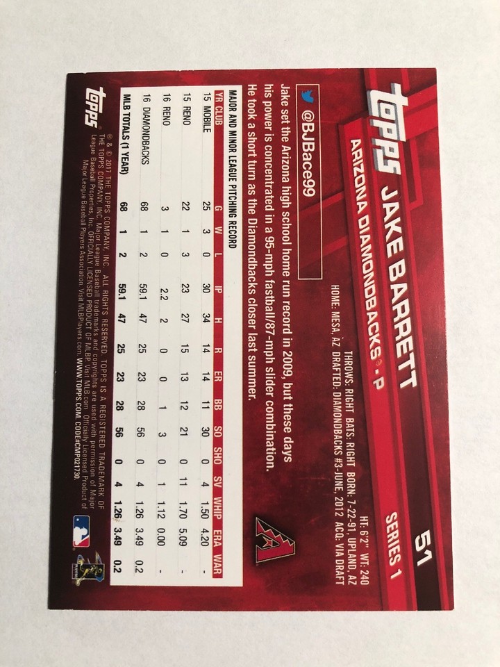 2017 Topps Jake Barrett #51 Auto Signed Autograph Diamondbacks | eBay