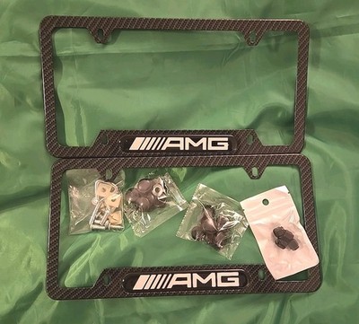 Mercedes AMG License Plate Frame (Carbon Fiber Look) 2 Pc Set +Valve ...
