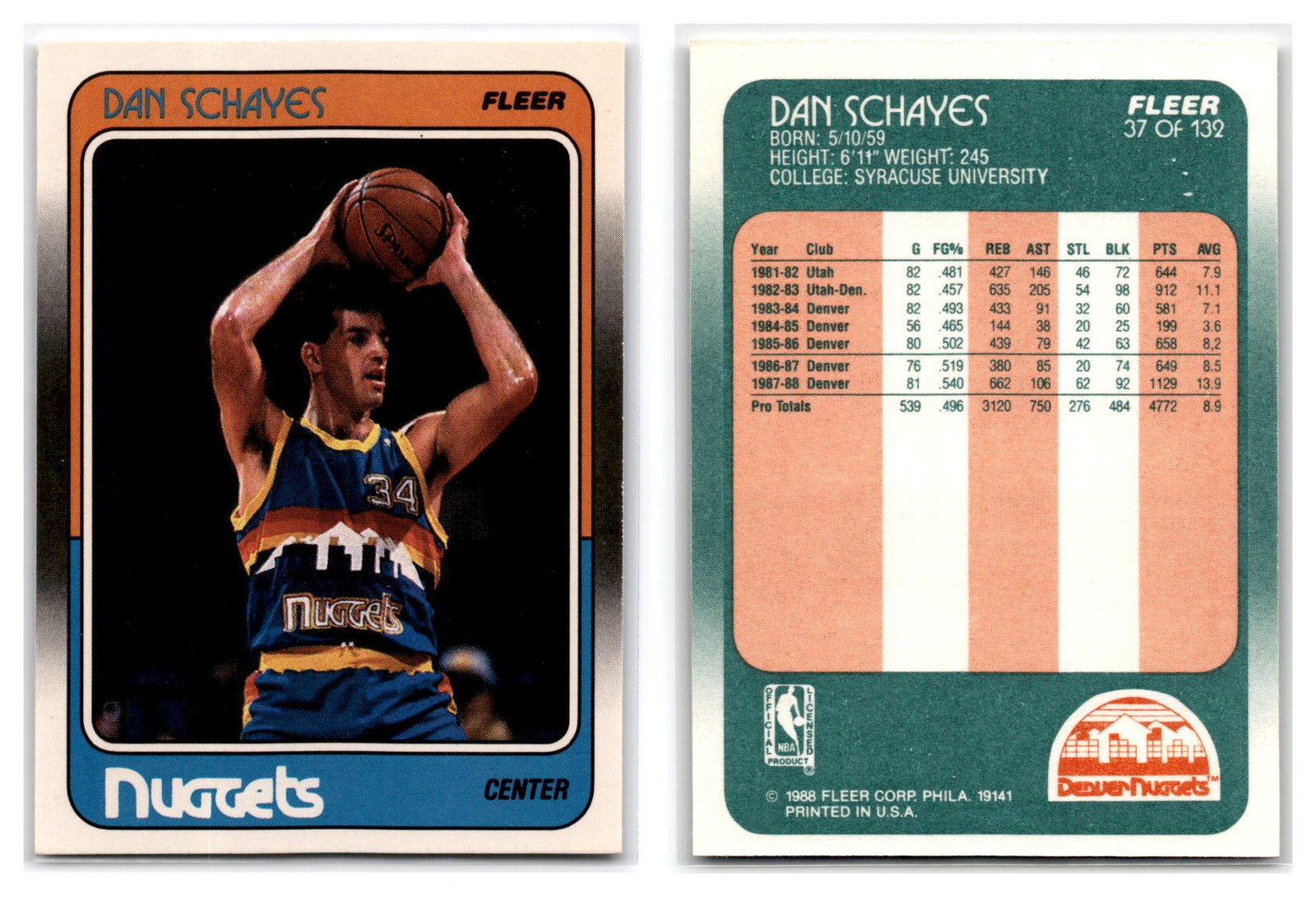 1988-89 Fleer Basketball #37 Danny Schayes - Denver Nuggets | eBay
