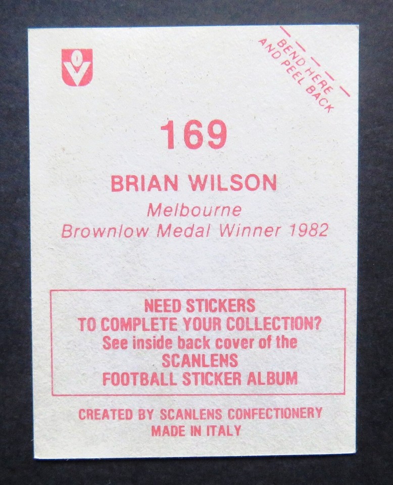 1983 SCANLENS VFL Sticker: BRIAN WILSON (Melbourne) #169 | eBay