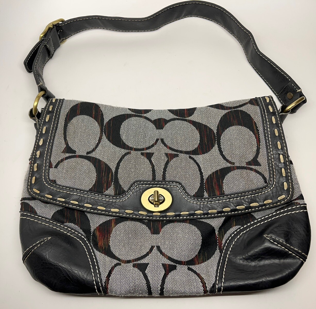 Coach Handbag Gray And Black Logo Leather Strap C-115… - Gem