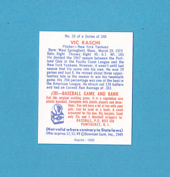 1949 Bowman Reprint #35 Vic Raschi Card - New York Yankees | eBay