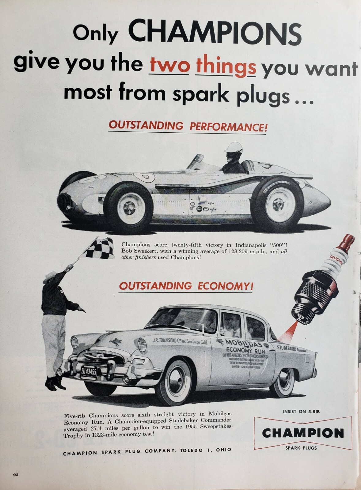 Lot of 3 Vintage 1955 Champion Spark Plug Ads Mobilgas Economy Run | eBay