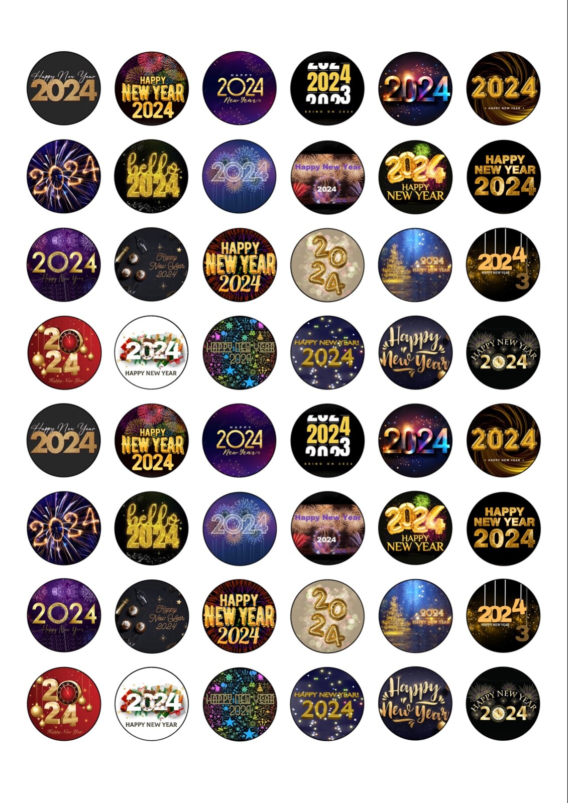 48 Round Edible New Year 2024 Wafer Paper Cupcake Cake Toppers - 2.5cm ...