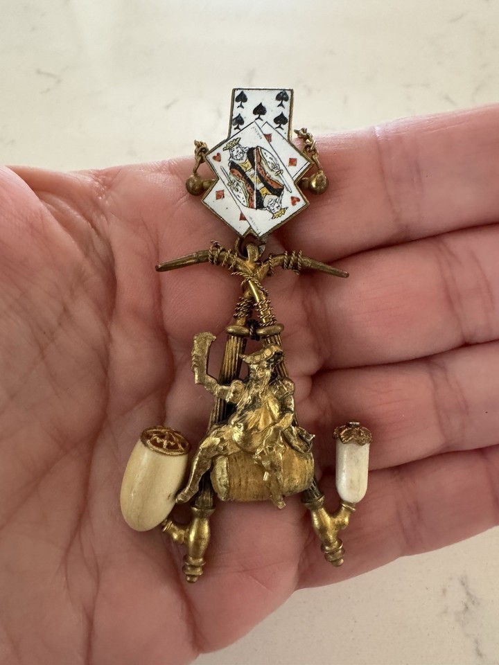 ANTIQUE VICTORIAN FIGURAL CHATELAINE GAMBLING FIGURE ENAMEL PLAYING ...