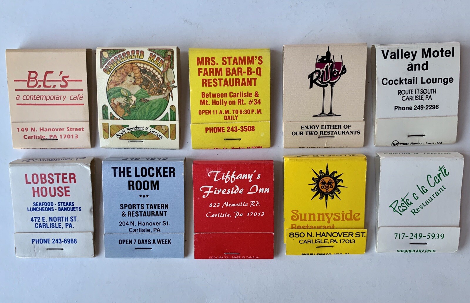 Carlisle PA Lot of 10 Vintage Locally Renowned Restaurant Matchbooks ...