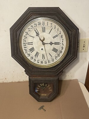 Antique Ingraham Schoolhouse Regulator Wall Clock W/ Calendar Ripple ...