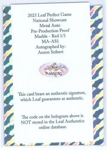 ANSON SEIBERT "PRE PRODUCTION PROOF AUTOGRAPH CARD #1/1" LEAF PERFECT ...