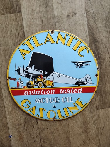 VINTAGE ATLANTIC GASOLINE PORCELAIN SIGN AVIATION MOTOR OIL GAS FLYING ...