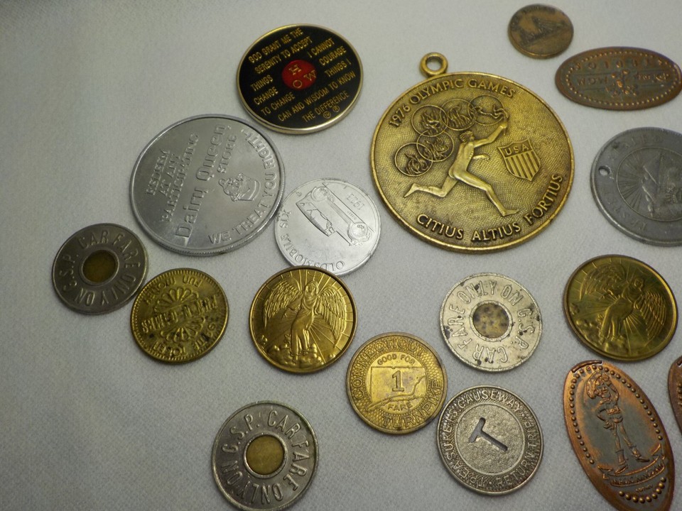 VINTAGE LOT TOKENS GAMING CAR FARE RELIGIOUS COPPER COMMEMORATIVE COINS ...