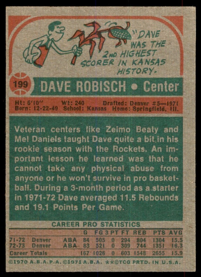 1973-74 Topps Baseball Card (Damaged) Dave Robisch Denver Rockets #199 ...
