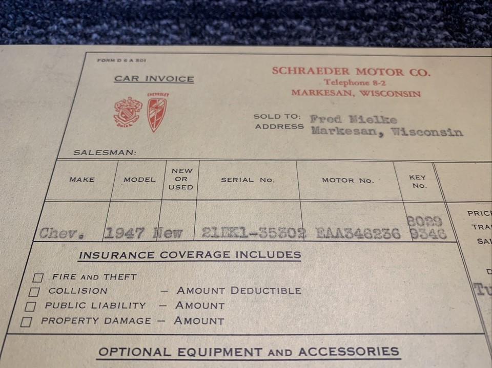 Vtg 1947 Chevrolet New Auto Dealer Sales Receipt Car Dealership Invoice ...