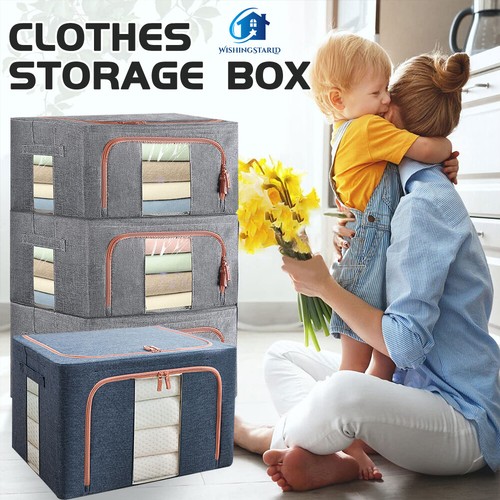 24/66L/100L Foldable Storage Box Crushed Steel Frame Clothes Quilt Toy ...