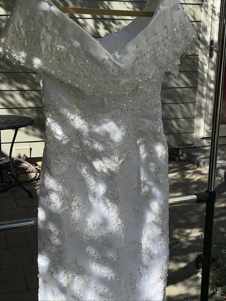 Vintage Alfred Angelo Wedding Dress Tulle Beaded Fitted Off Shoulder Sz ...