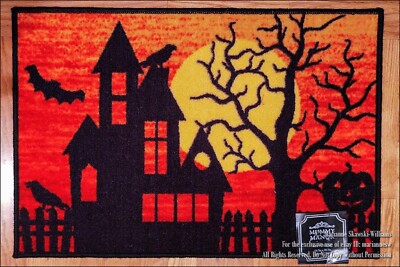 NEW HALLOWEEN ACCENT RUG HAUNTED HOUSE SPOOKY TREE FULL MOON AT SUNSET ...