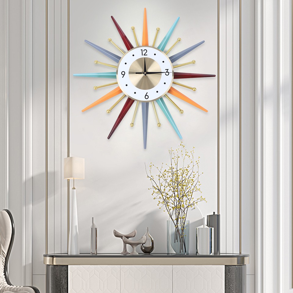 56CM Vintage Sunburst Wall Clock Colorful 3D Hollow Metal Large Wall ...