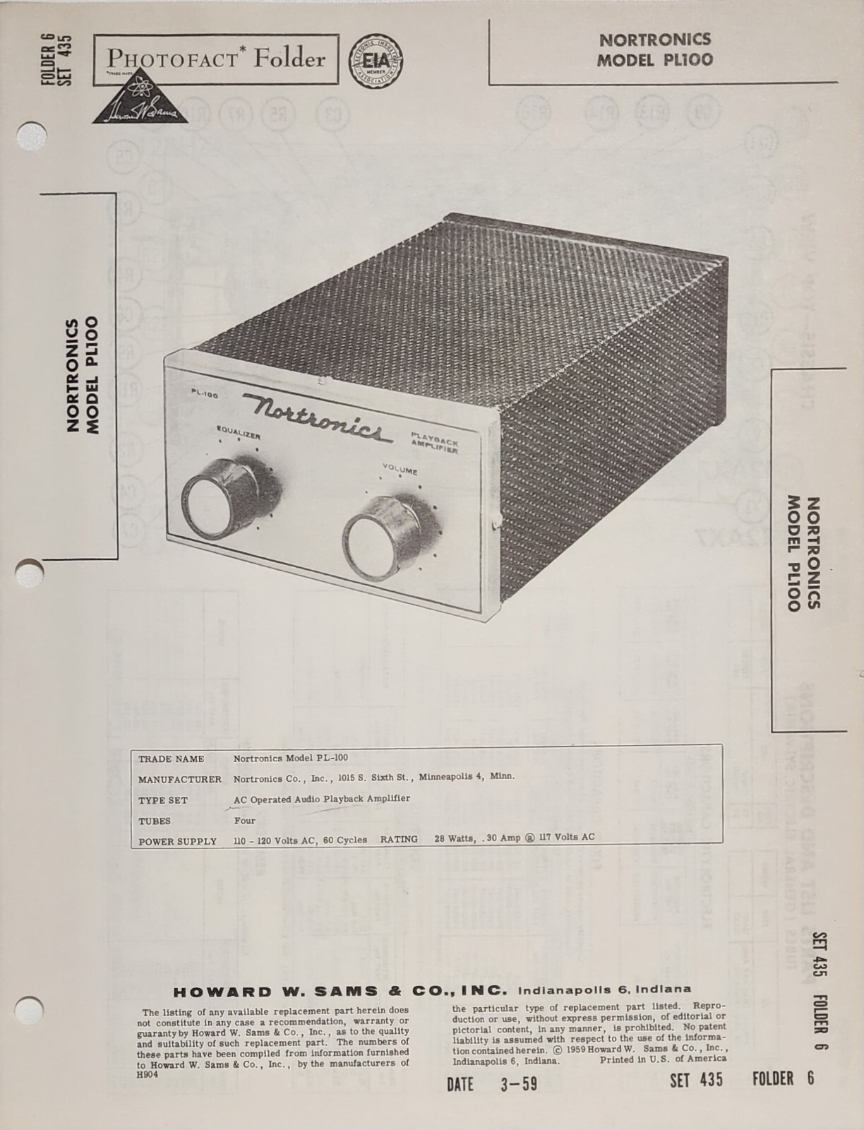 SAMS PHOTOFACT SERVICE MANUAL 435-6 NORTRONICS MODEL PL100 | eBay