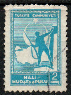 Turkey 2k blue "MILLI" revenue/fiscal stamp used (map & soldier with ...
