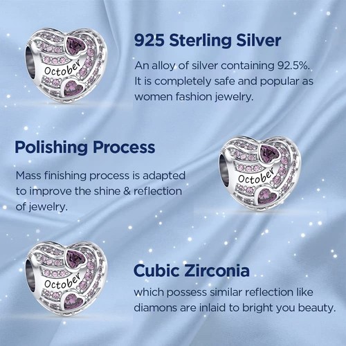 October Birthstone Charms Love Heart Openwork Bead Charm for Women ...