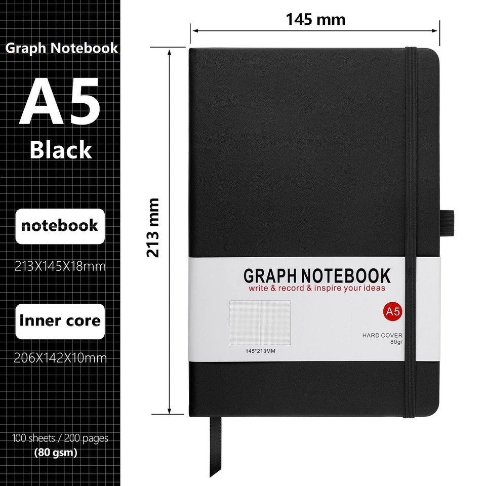 HIJYOO A5 Graph Paper Notebook, Squared Notebook 200 Pages A5 Hardback ...
