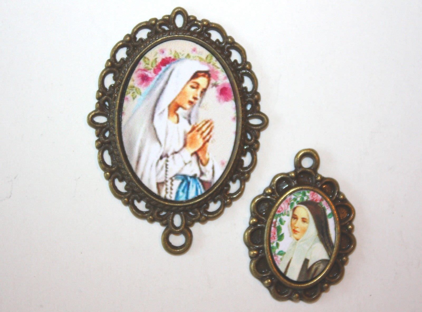 VIRGIN MARY WITH LILLIES CZECH WHITE/ PINK JADE CRYSTALS ANTIQUE BRONZE ...