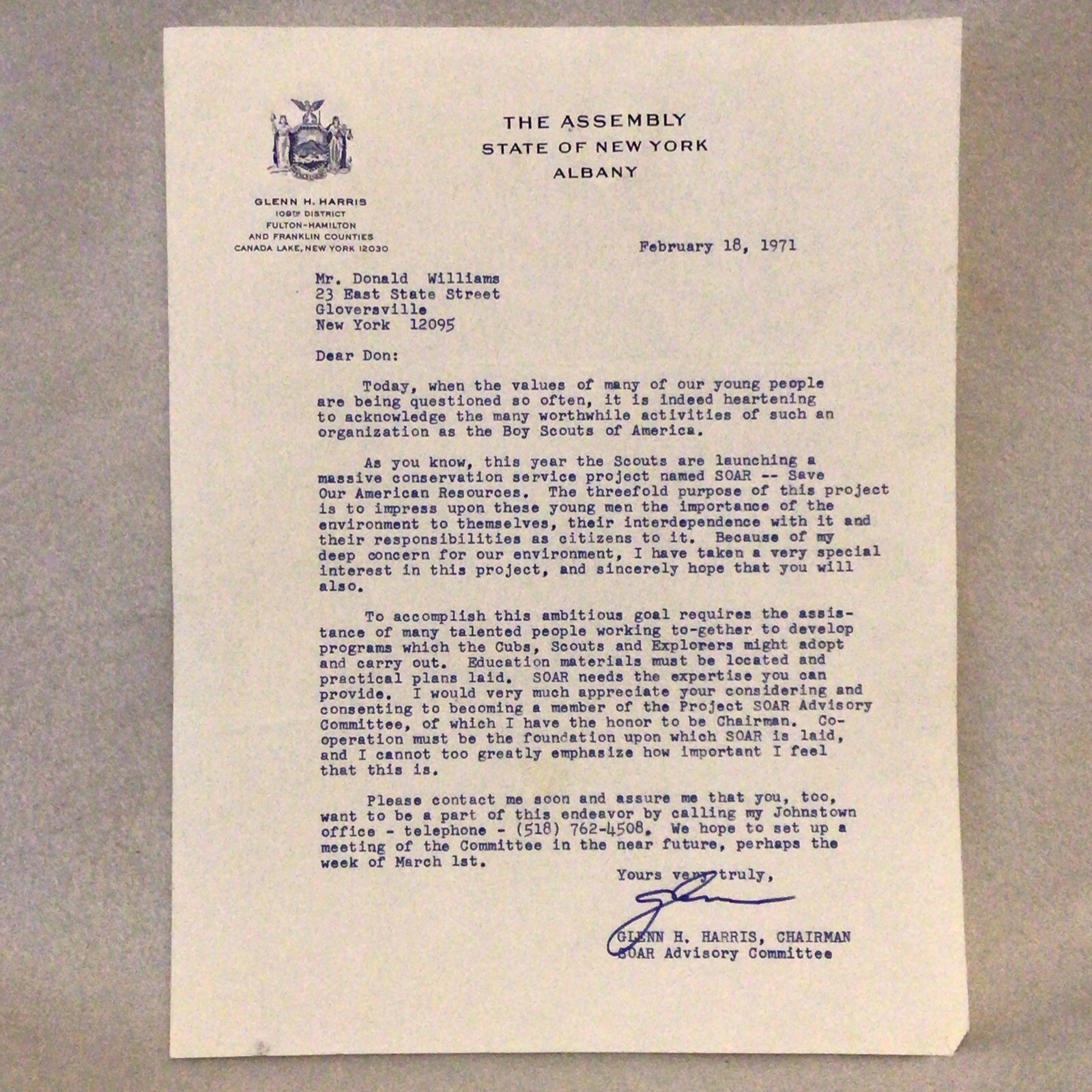 Vint Feb 18, 1971 Glenn Harris Albany NY Assemblyman Letter Of BSA ...