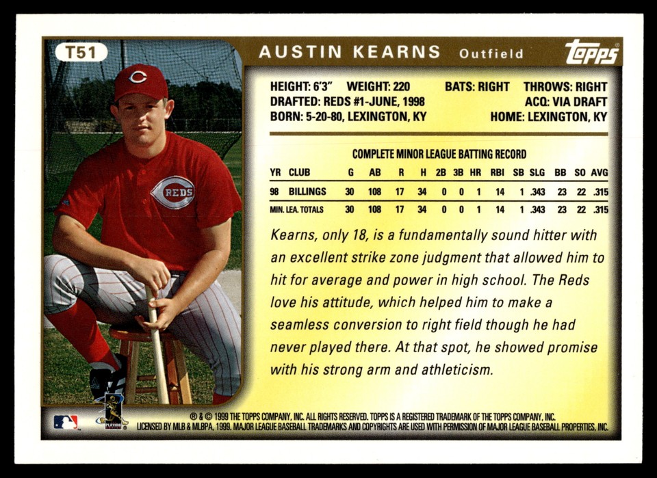 1999 Topps Traded & Rookies Austin Kearns #T51 Cincinnati Reds Baseball ...