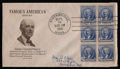 #887 5c Daniel C French-Block of 6-Grimsland Sealed Flap **ANY 5=FREE ...