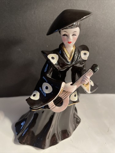 Napco RARE Asian Lady in Black/Dress Figurine Porcelain Pink Mandolin ...
