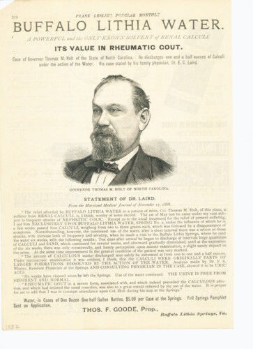 1882 BUFFALO LITHIA WATER MEDICINE THOMAS HOLT GOVERNOR GOUT CAROLINA ...