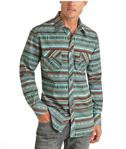 Rock & Roll Denim Western Shirt Teal Multicolor Aztec Small Pearl Snaps ...