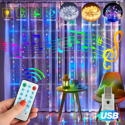 300 LED Curtain Fairy Lights Music String Light 17key Remote Xmas Party ...