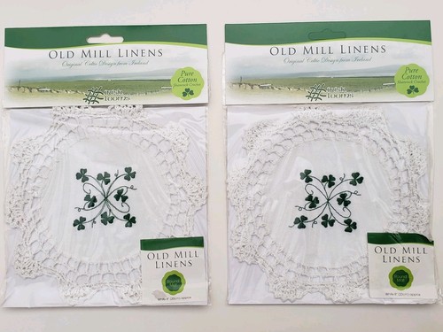 Set of 2 Irish Old Mill Linens Doilies Shamrocks Crochet Border 8" St ...